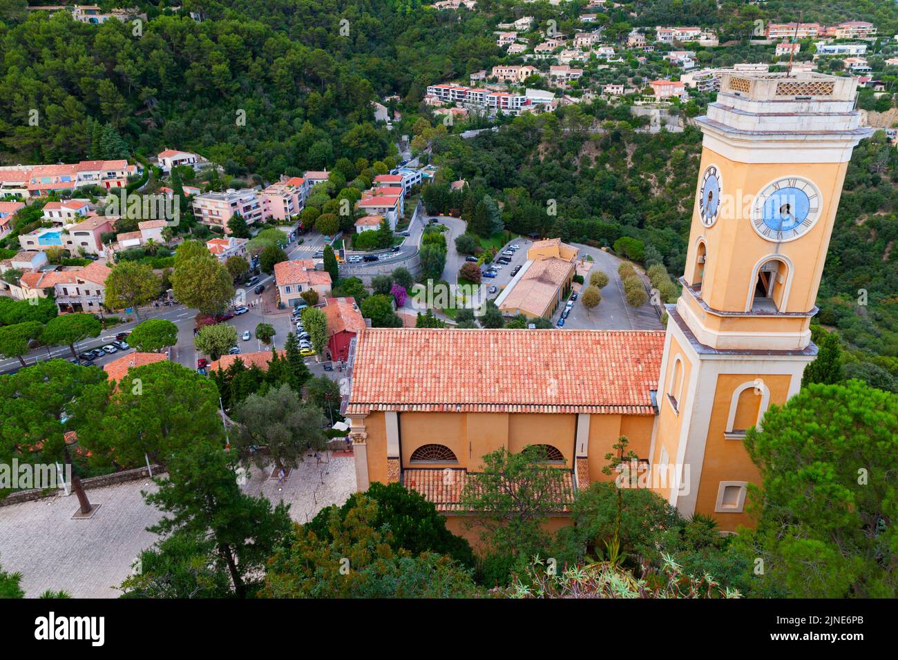 Landscape of Eze town with Church of Our Lady of the Assumption ...