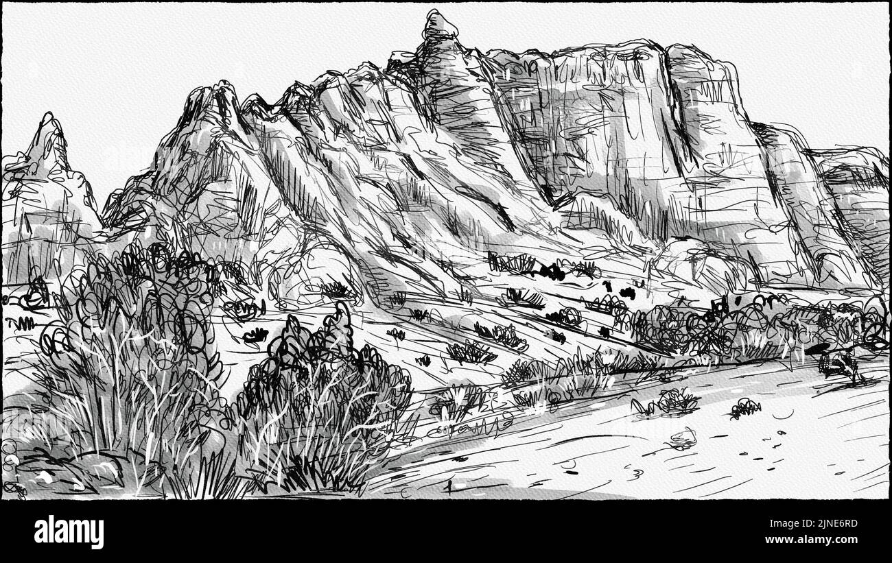 Pen and ink watercolor drawing of Devils Garden Trail with rock fins ...