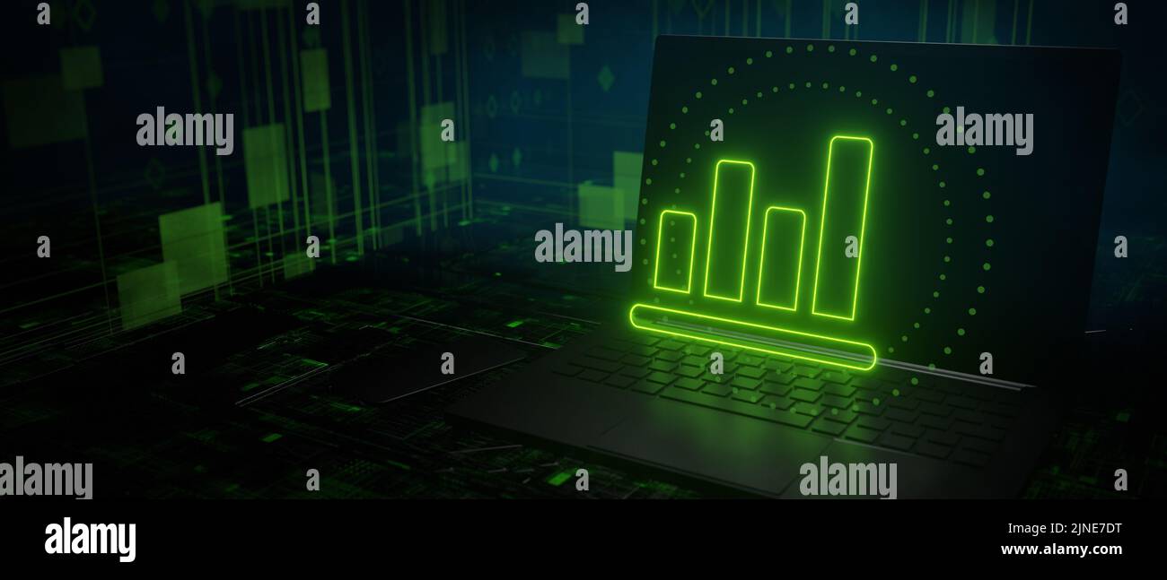 Laptop bar graph. Green graphs laptop screen.3D Render Stock Photo - Alamy