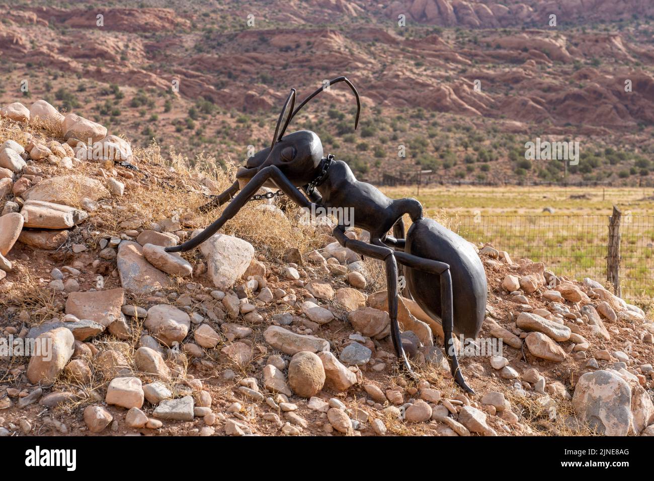 A giant metal ant sculpture, about 6 feet long, on a big anthill near ...
