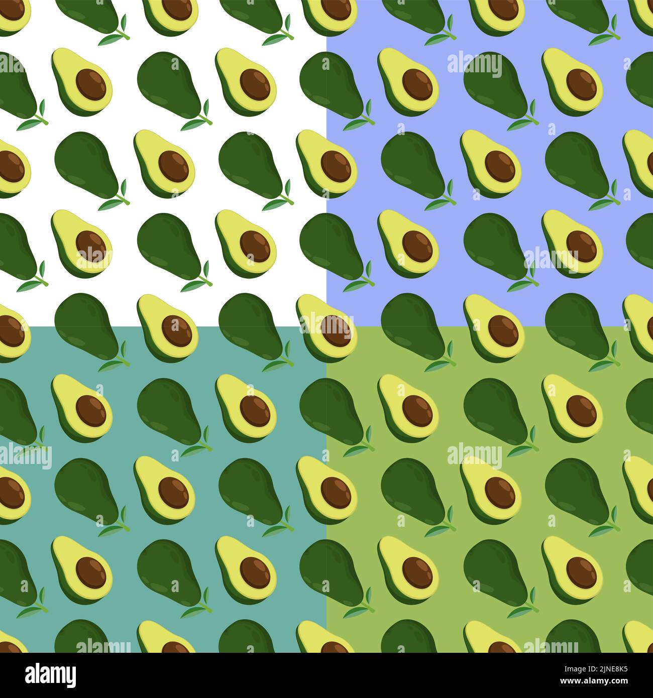 Set of seamless patterns with avocado fruit whole and cut with large pit. Ornament for ...