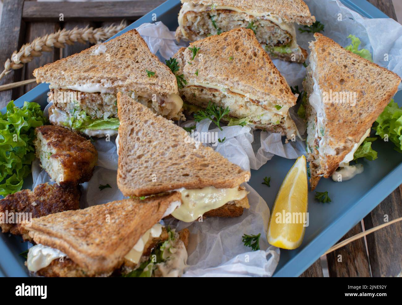 Fish cake sandwiches with cheese, lettuce and sour cream, herb sauce on ...