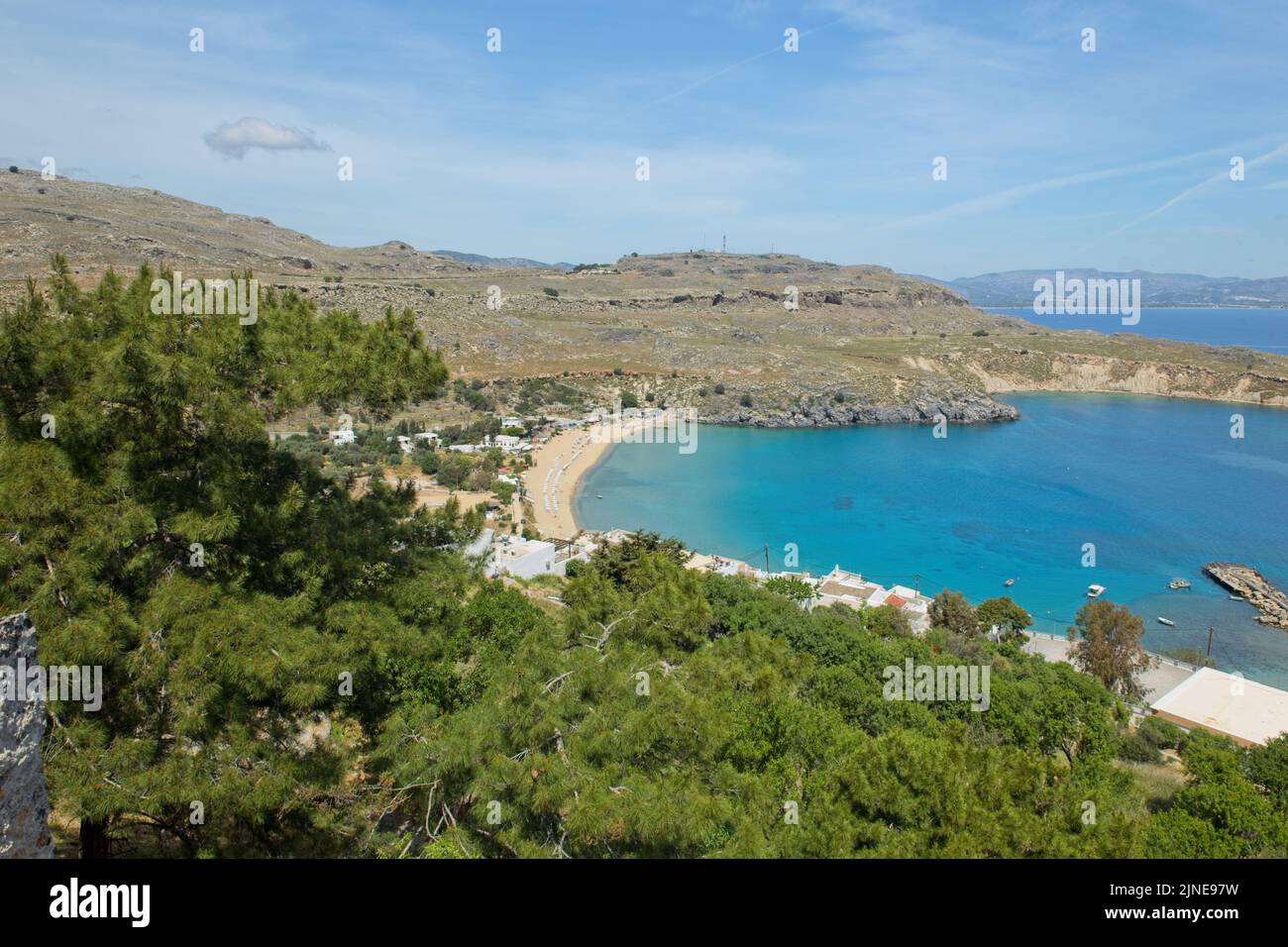 View of Lindos beach from ancient acropolis at Lindos, Rhodes, Greece ...