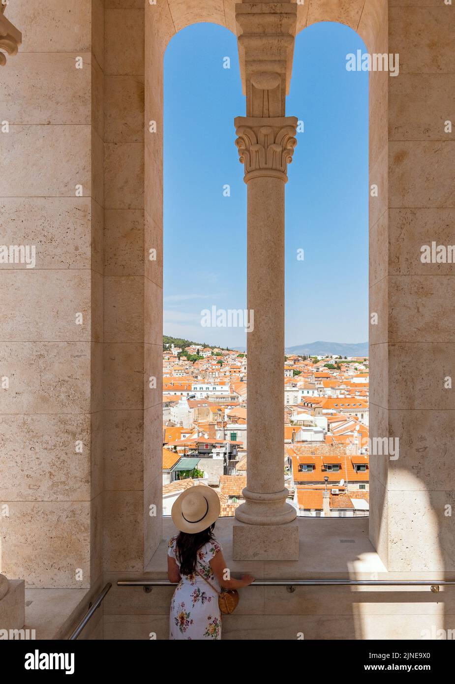 A vertical of a Caucasian female in a dress and hat looking out of a ...