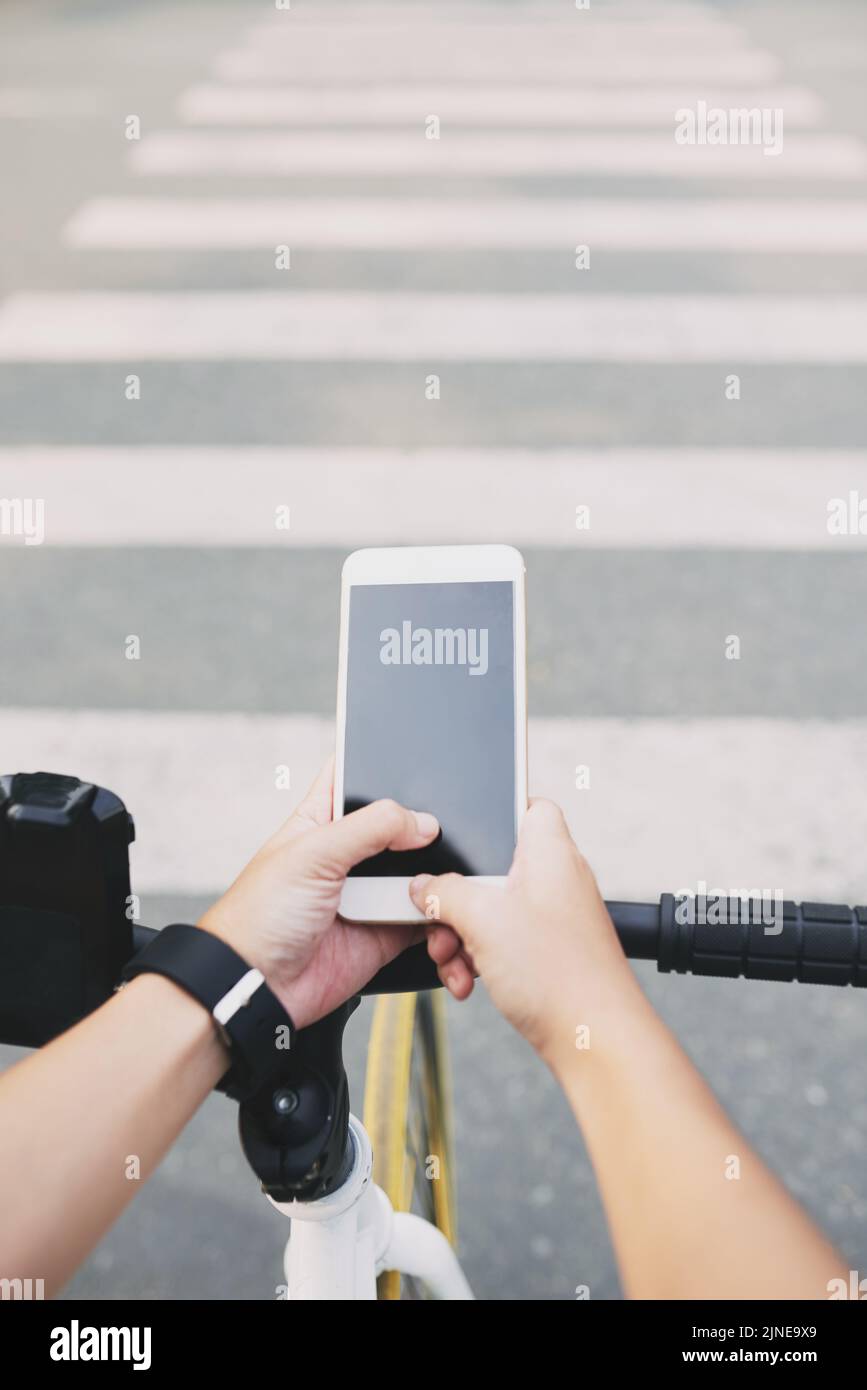 Bicycle rider using mobile app when crossing road Stock Photo - Alamy