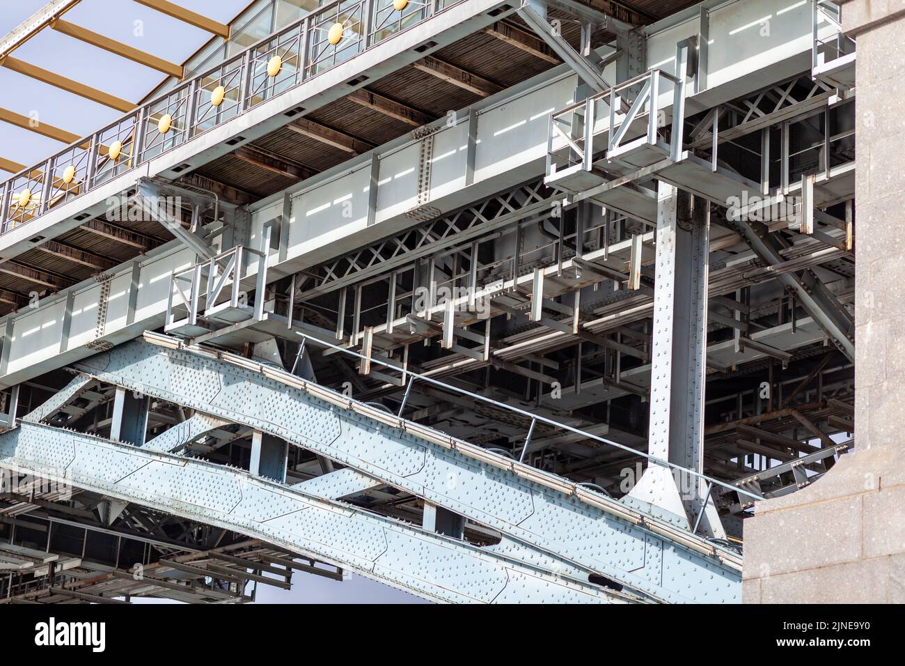 Metal poles pedestrian covered bridge with lots of rivets. Powerful ...