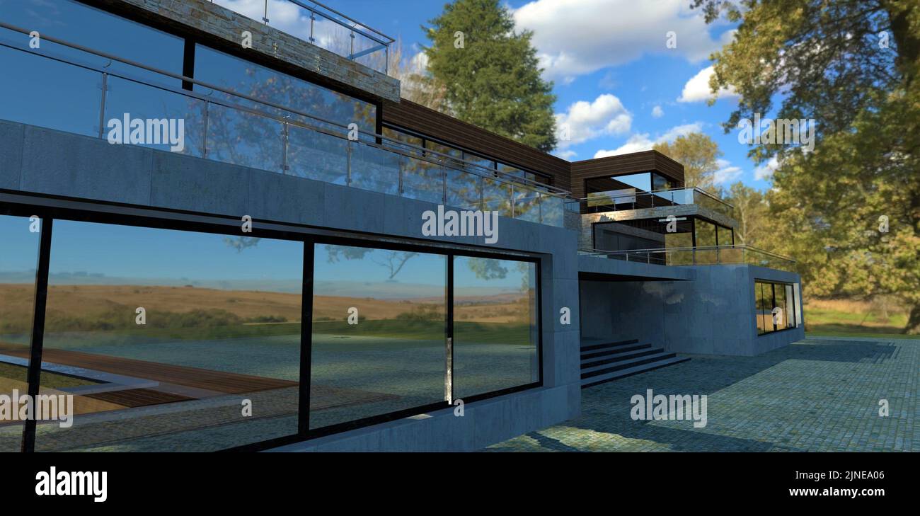 Autumn landscape. Bright blue sky with clouds. The facade of a modern ...