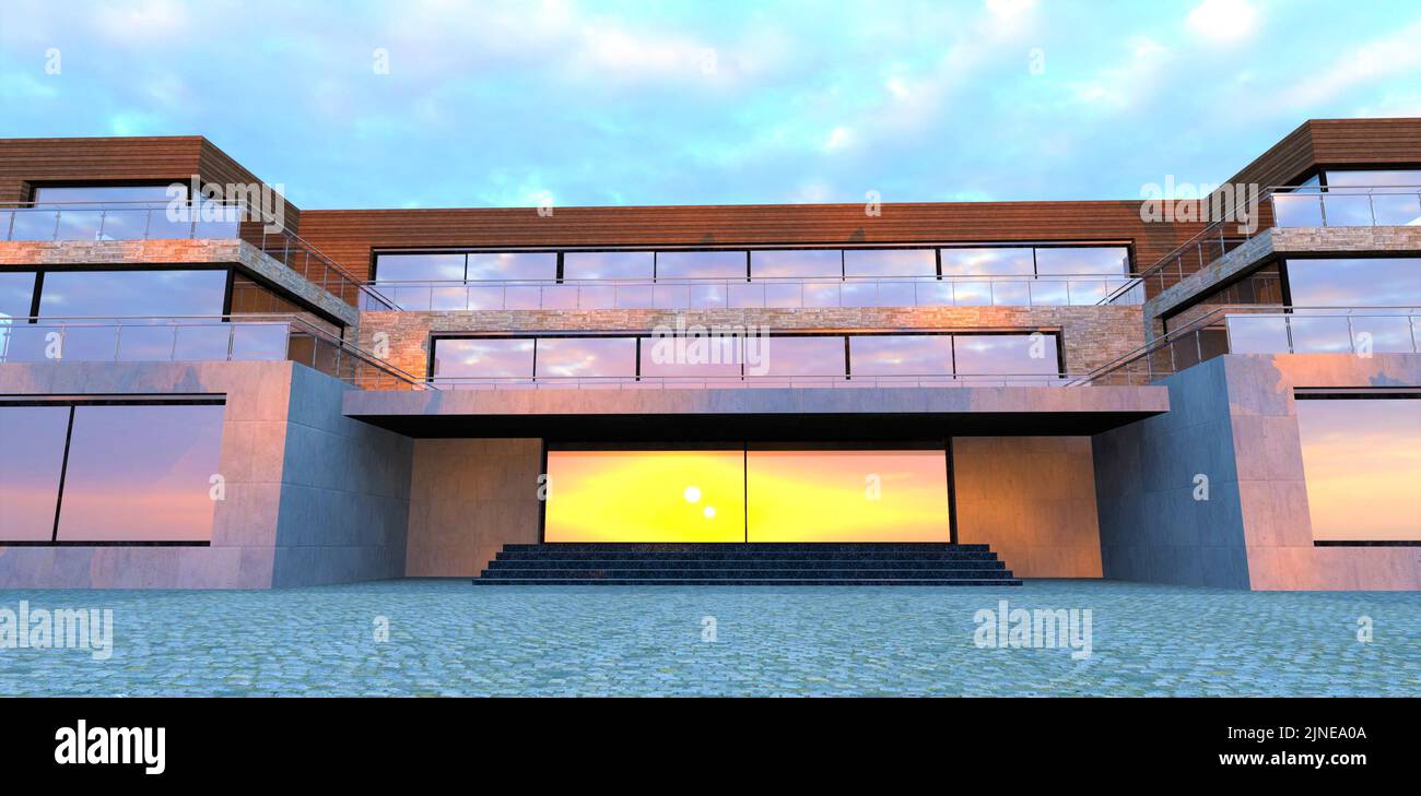 Exit to the courtyard of a futuristic hotel. A wonderful sunrise is ...