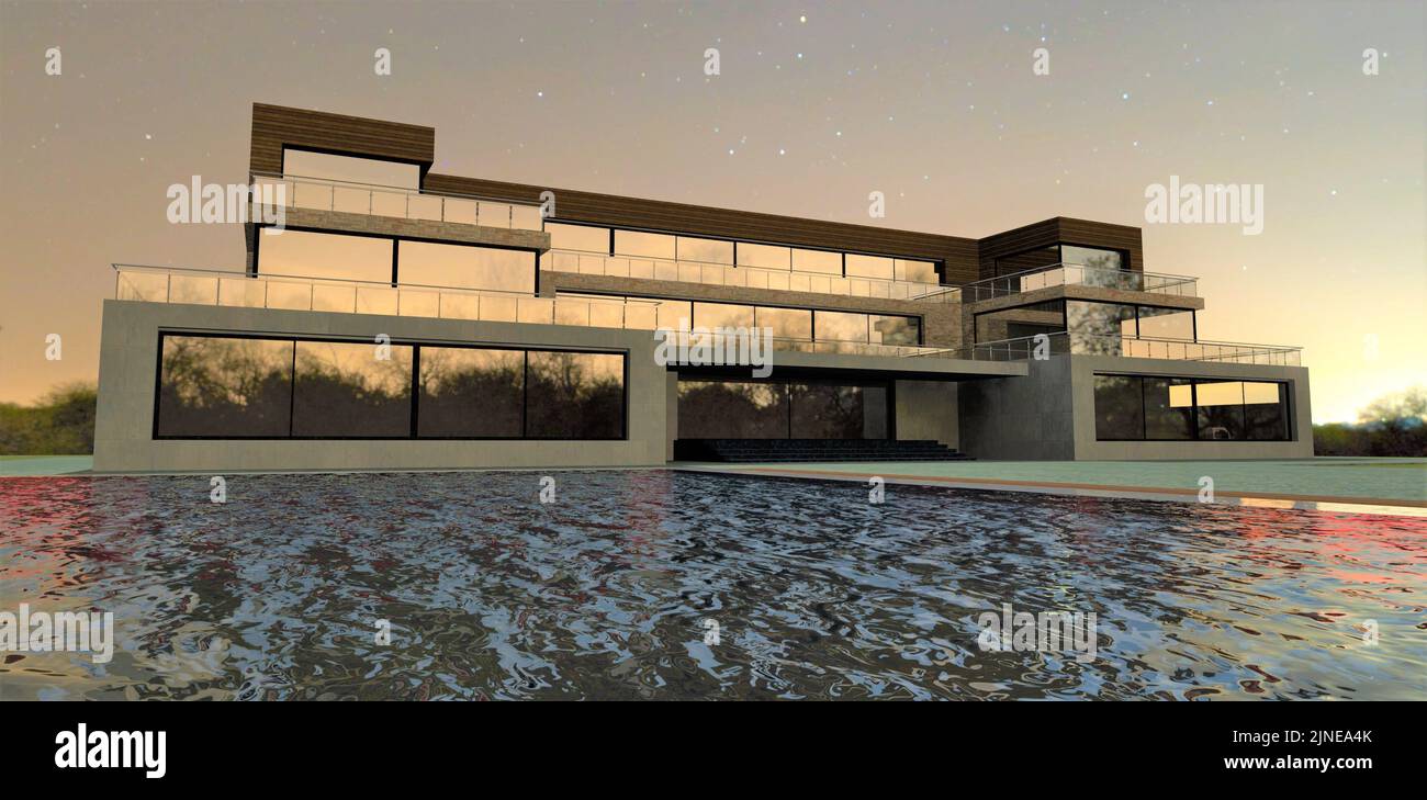 The night is reflected in the windows of a stunning three-story office ...