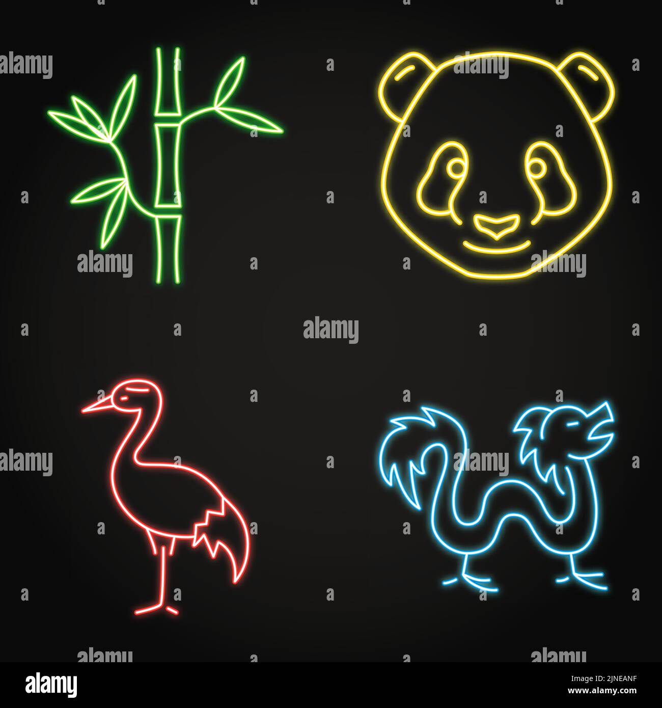 Chinese national symbols neon icon set. Asian animals and birds. Vector ...