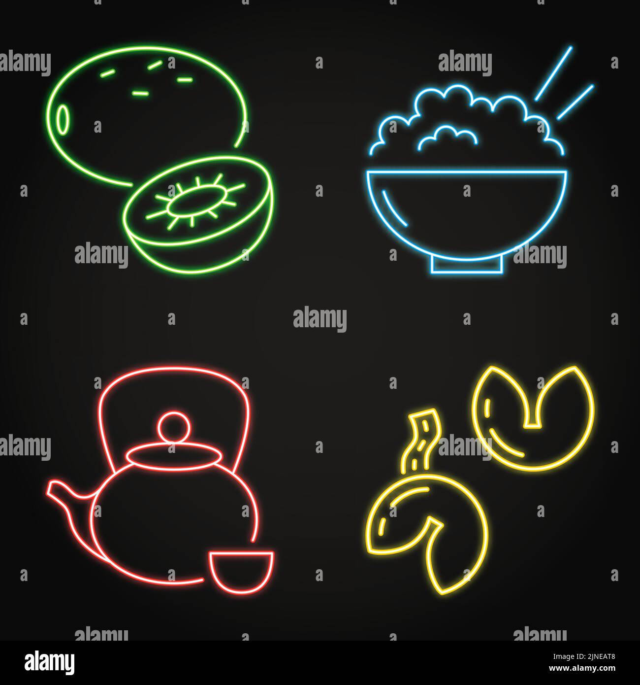 Chinese traditional symbols neon icon set. Asian food and drink ...
