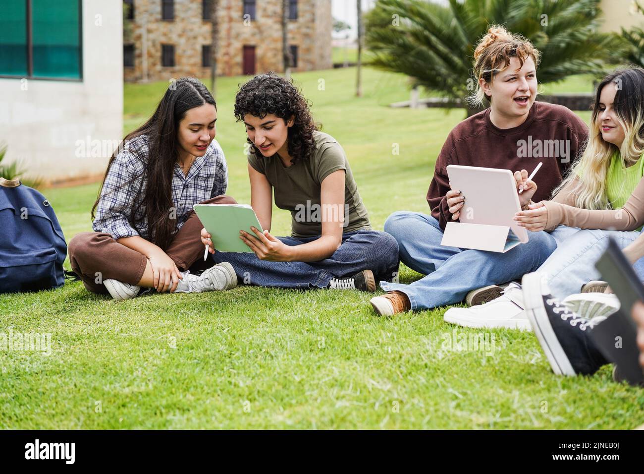 Young friends studying together outdoor sitting in university campus ...
