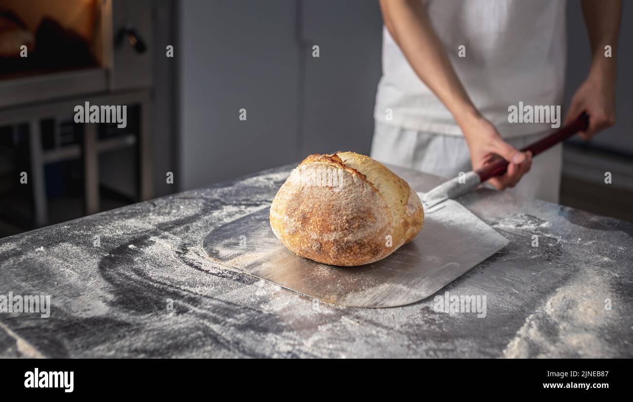 The baker is a man in the process of baking bread. Production of bakery ...
