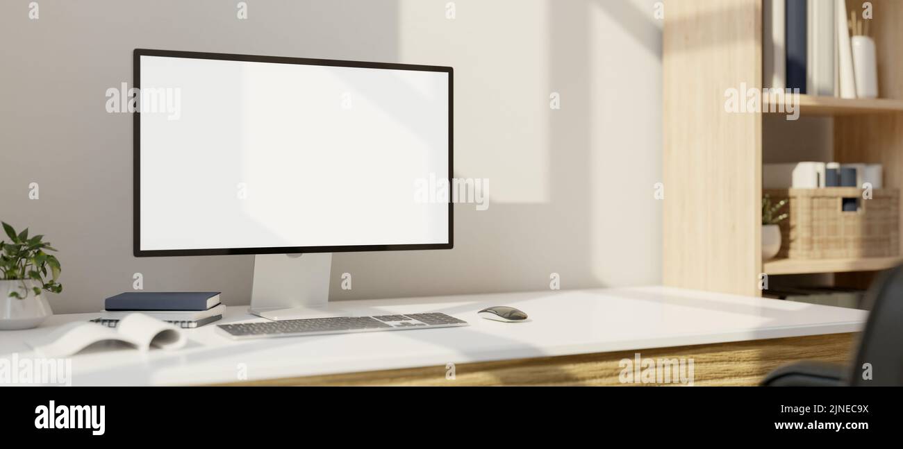 Comfortable cozy home working table with modern PC desktop computer ...