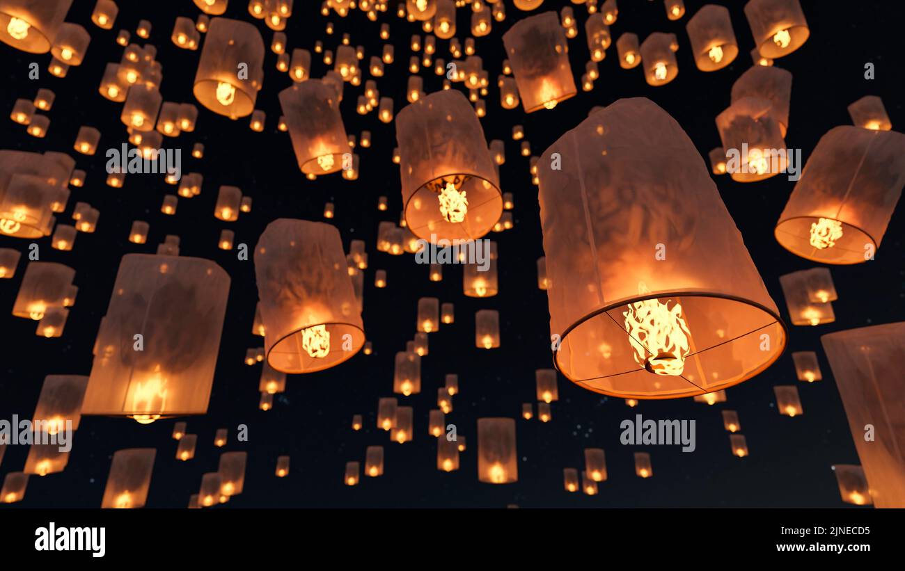 Beautiful sky lantern festival background. Loy Krathong Festival in ...