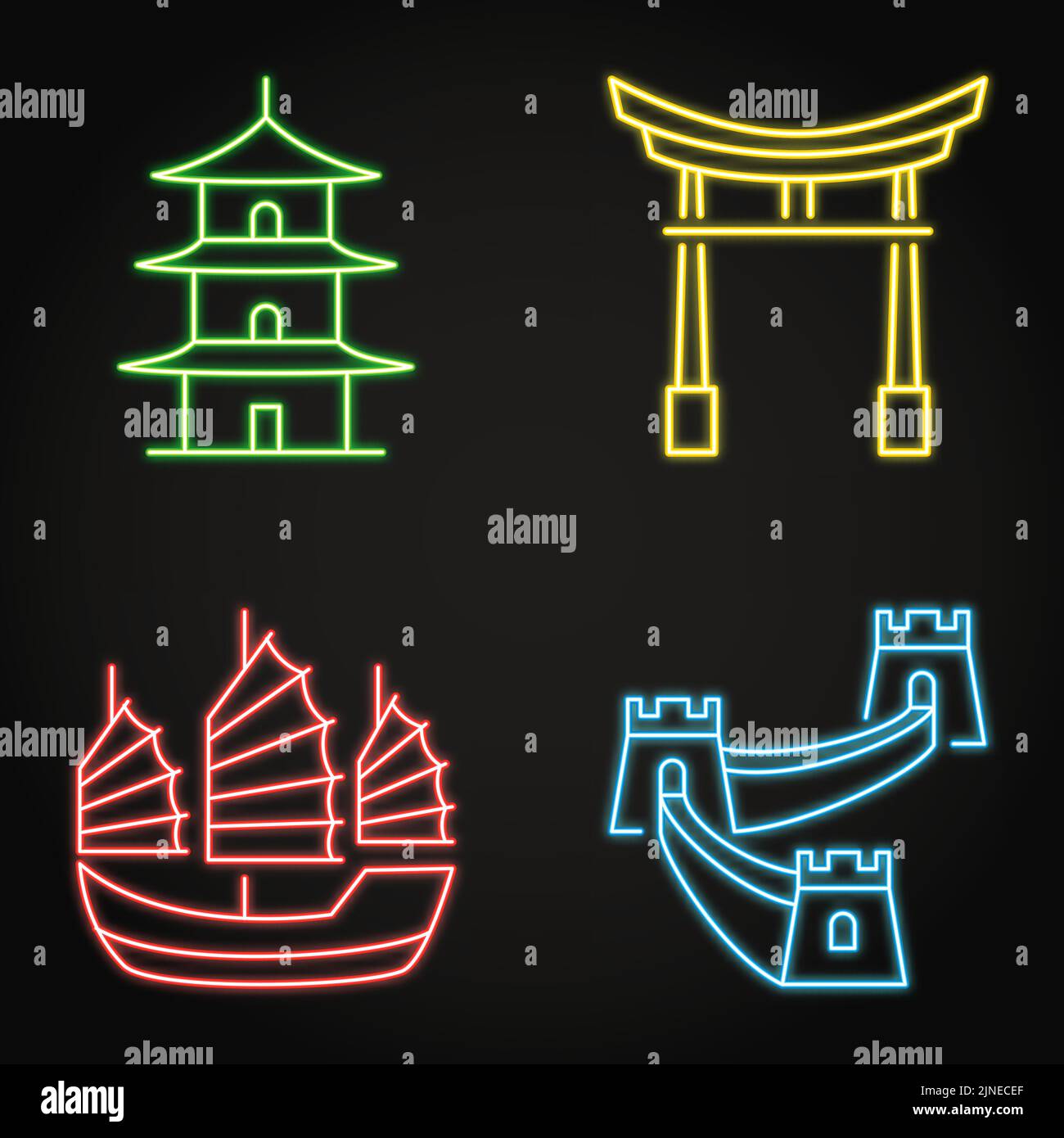 Chinese traditional symbols neon icon set. Great wall of China, pagoda ...