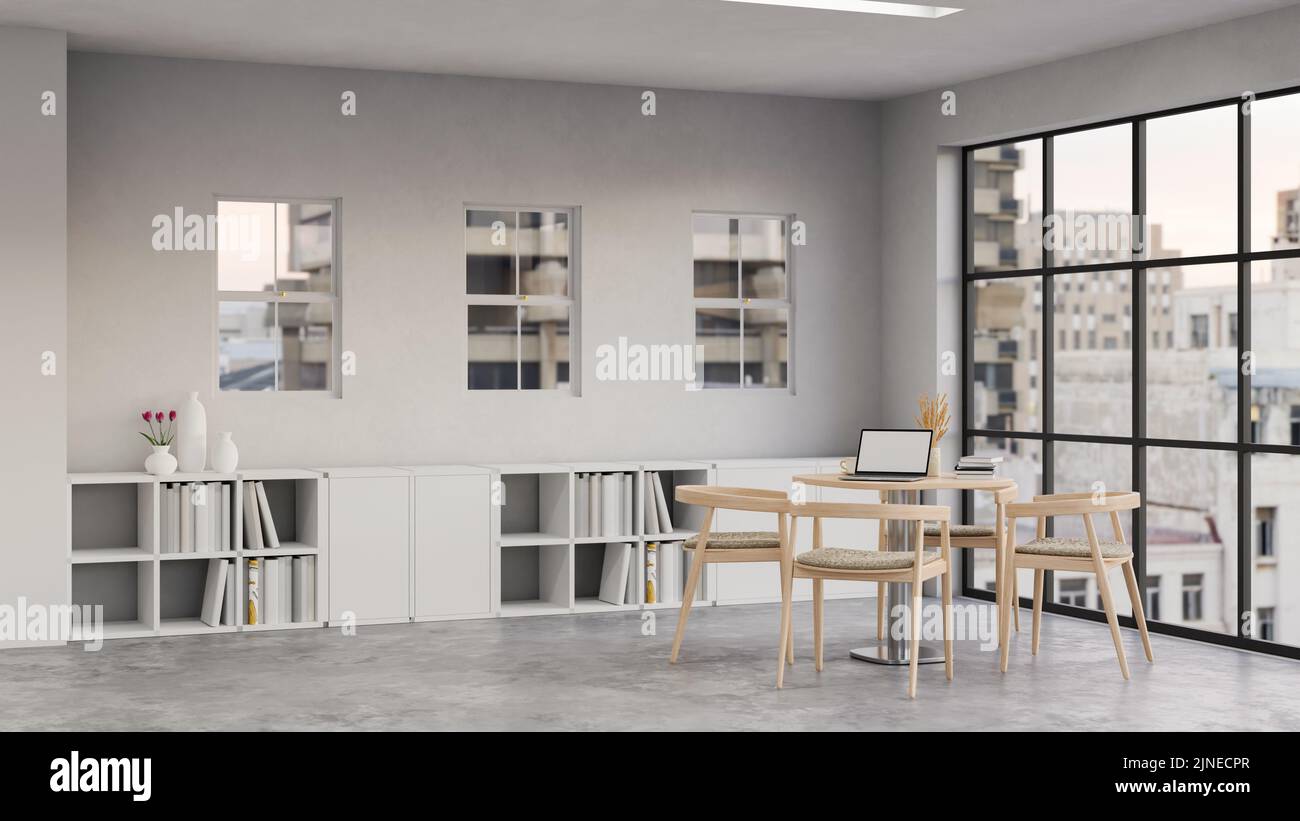 Modern minimal white company co-working space room interior design with ...