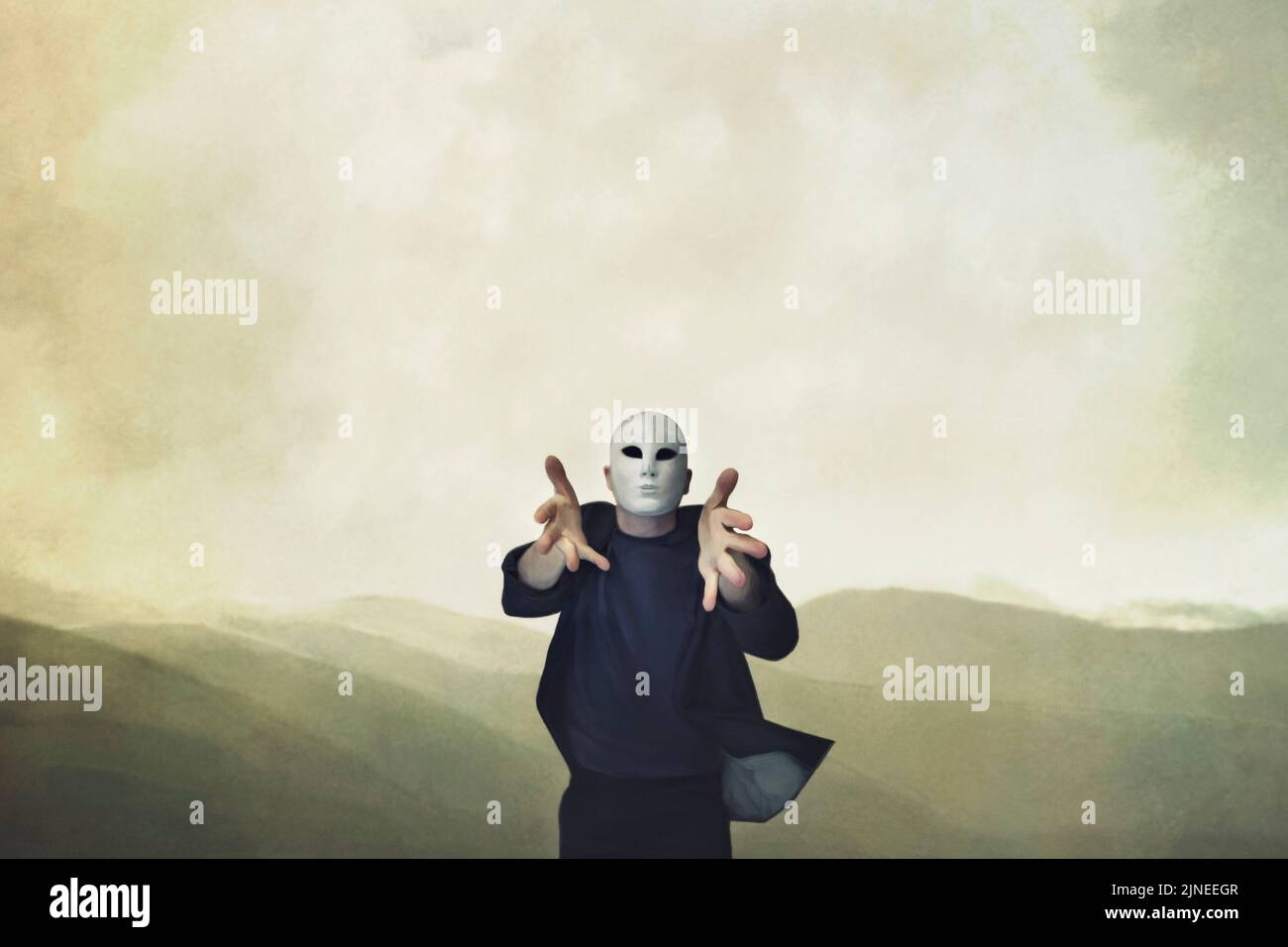 surreal man with mask welcomes life with open arms Stock Photo - Alamy