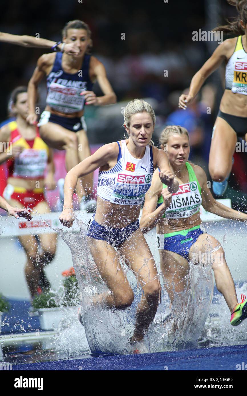 Karoline Bjerkeli Grovdal participating in the 3000 meter steeplechase ...