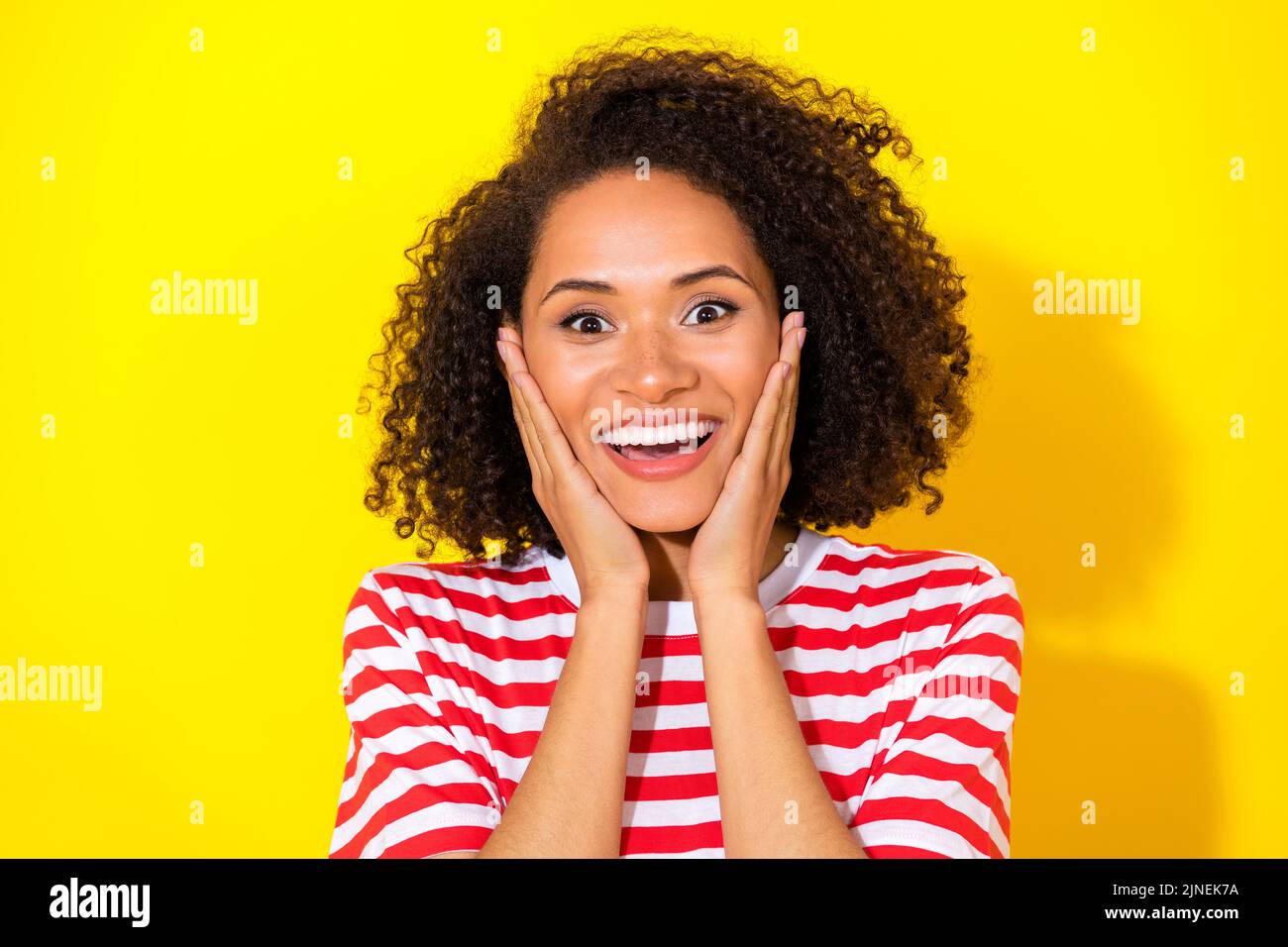 Closeup photo of young gorgeous lady unexpected looking you how ...