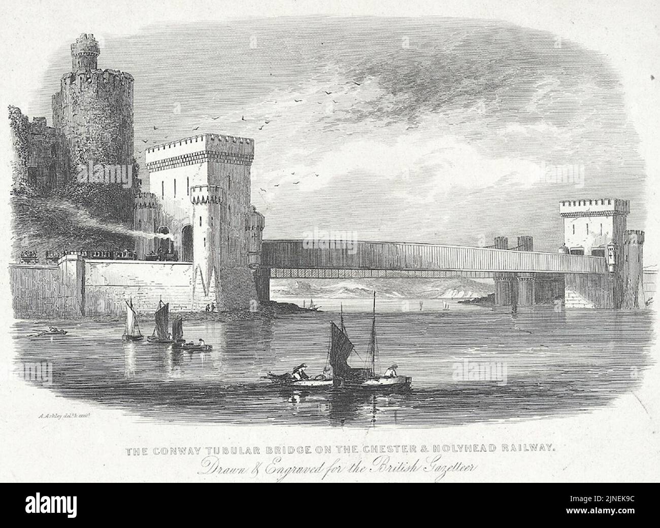 The Conway tubular bridge on the Chester & Holyhead Railway Stock Photo ...