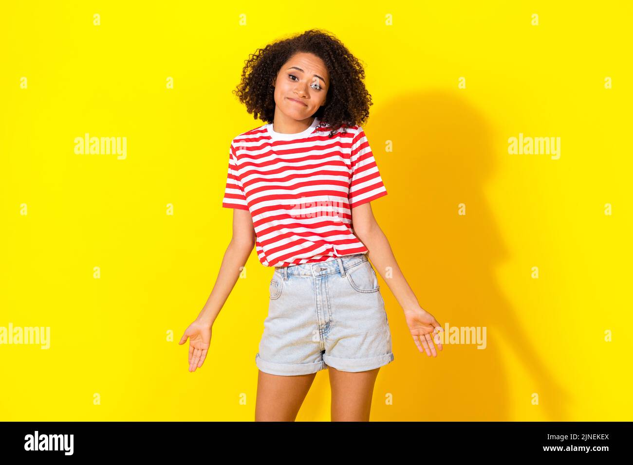 Photo of brunette unknown lady shrug shoulders wear red t-shirt shorts ...
