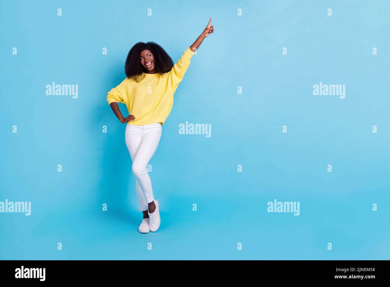 Full size body photo of young happy dancing lady finger pointing ...