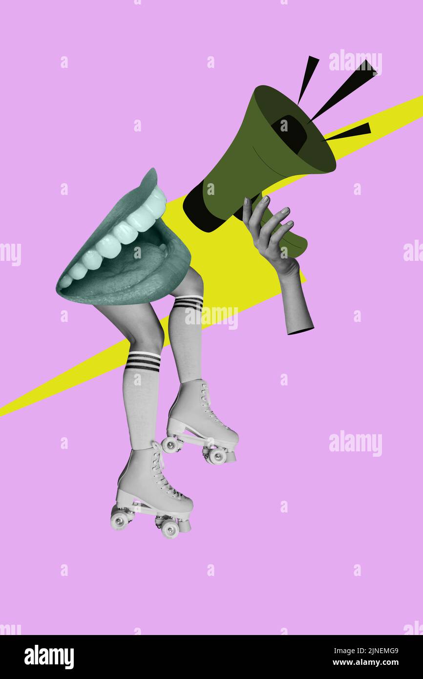 Collage banner of funky human creature with mouth body woman legs ride ...