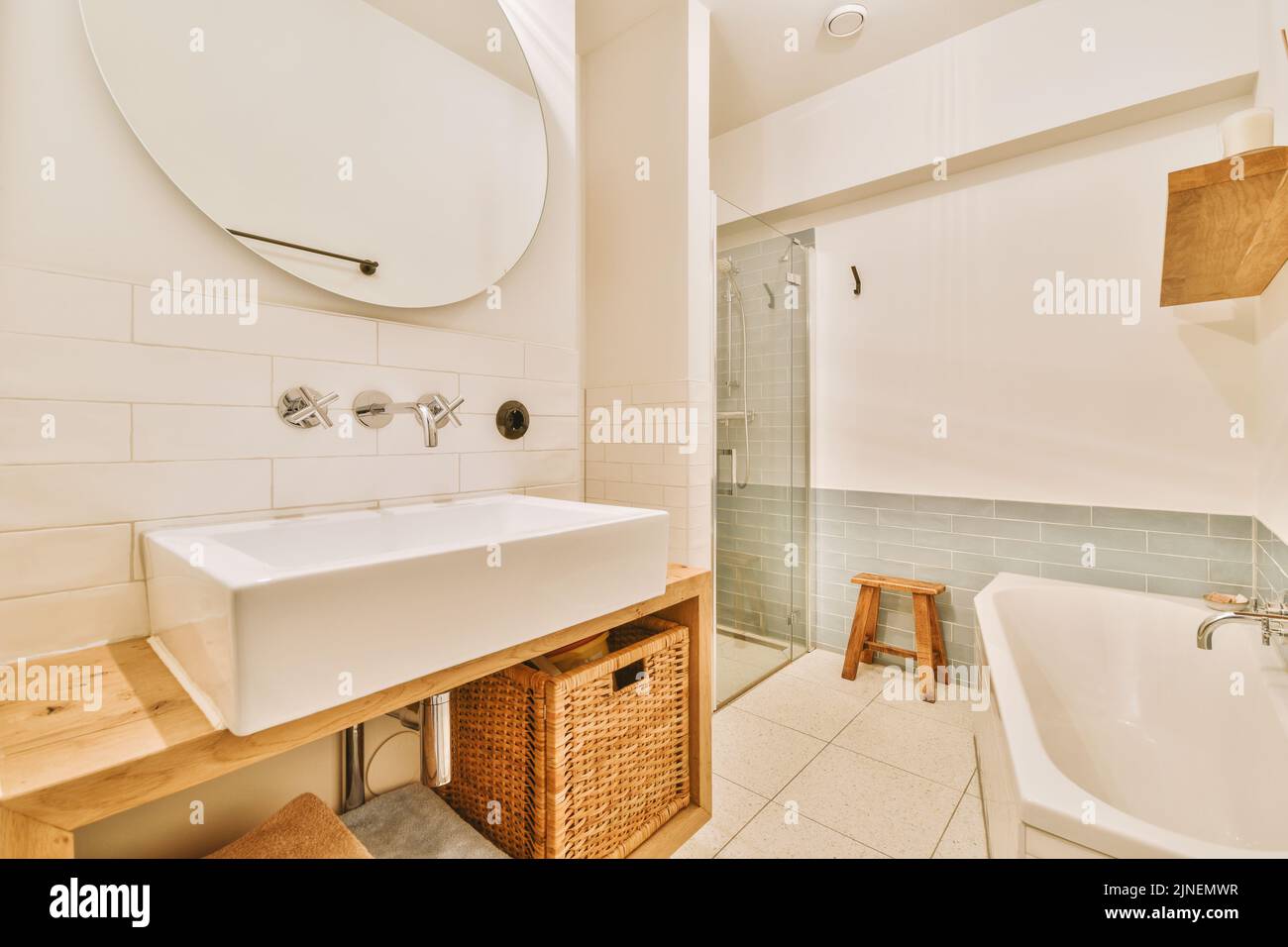 Modern home interior design of white bathroom with open bathtub and ...