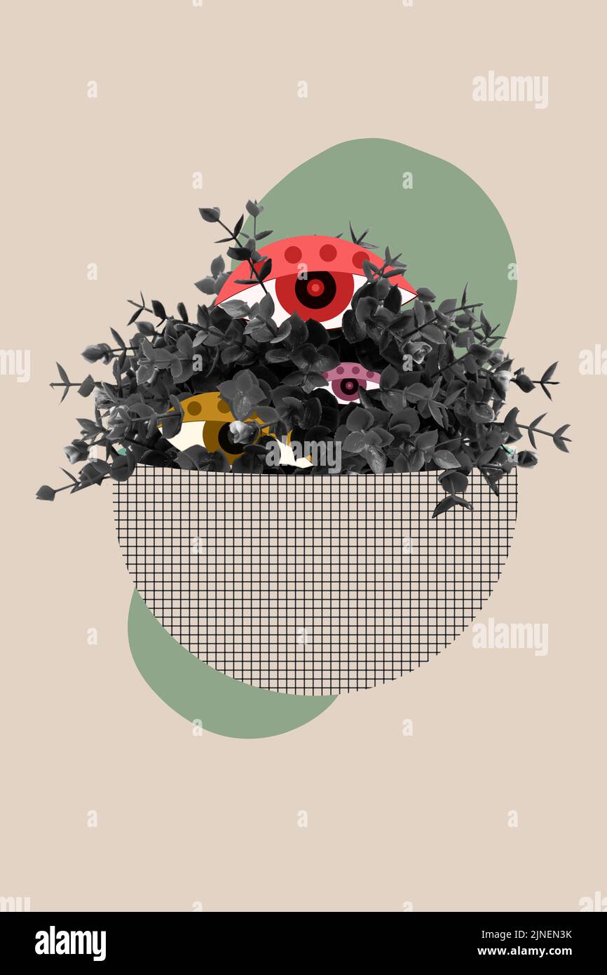 Vertical collage picture of painted flower pot plant eyes inside ...