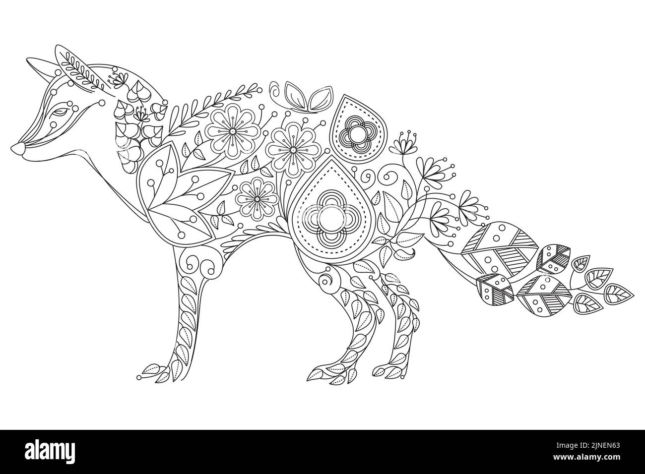 A hand drawn floral fox in Zentangle style isolated in white background ...