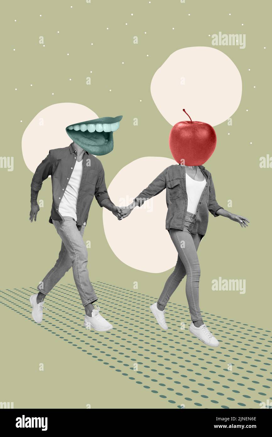 Poster collage of two weird people running teeth wanting bite red apple ...