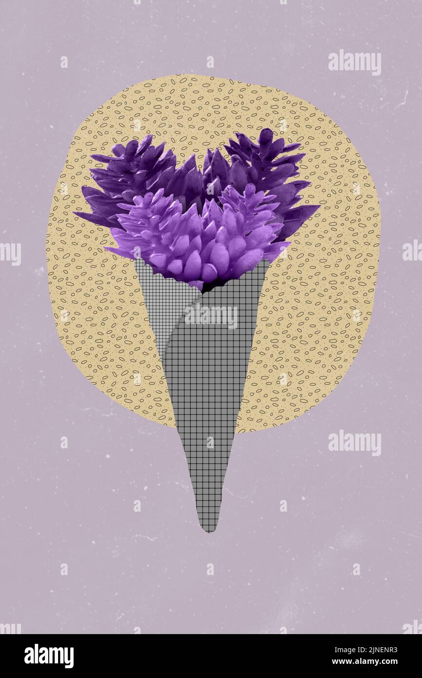 Vertical collage illustration of painted bouquet purple flowers ...