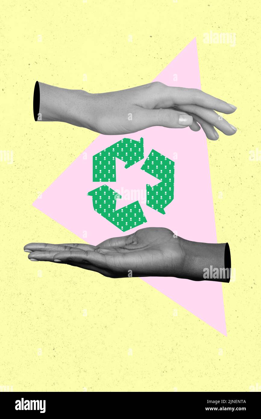 Creative artwork collage arms hold green levitate recycling symbol ...