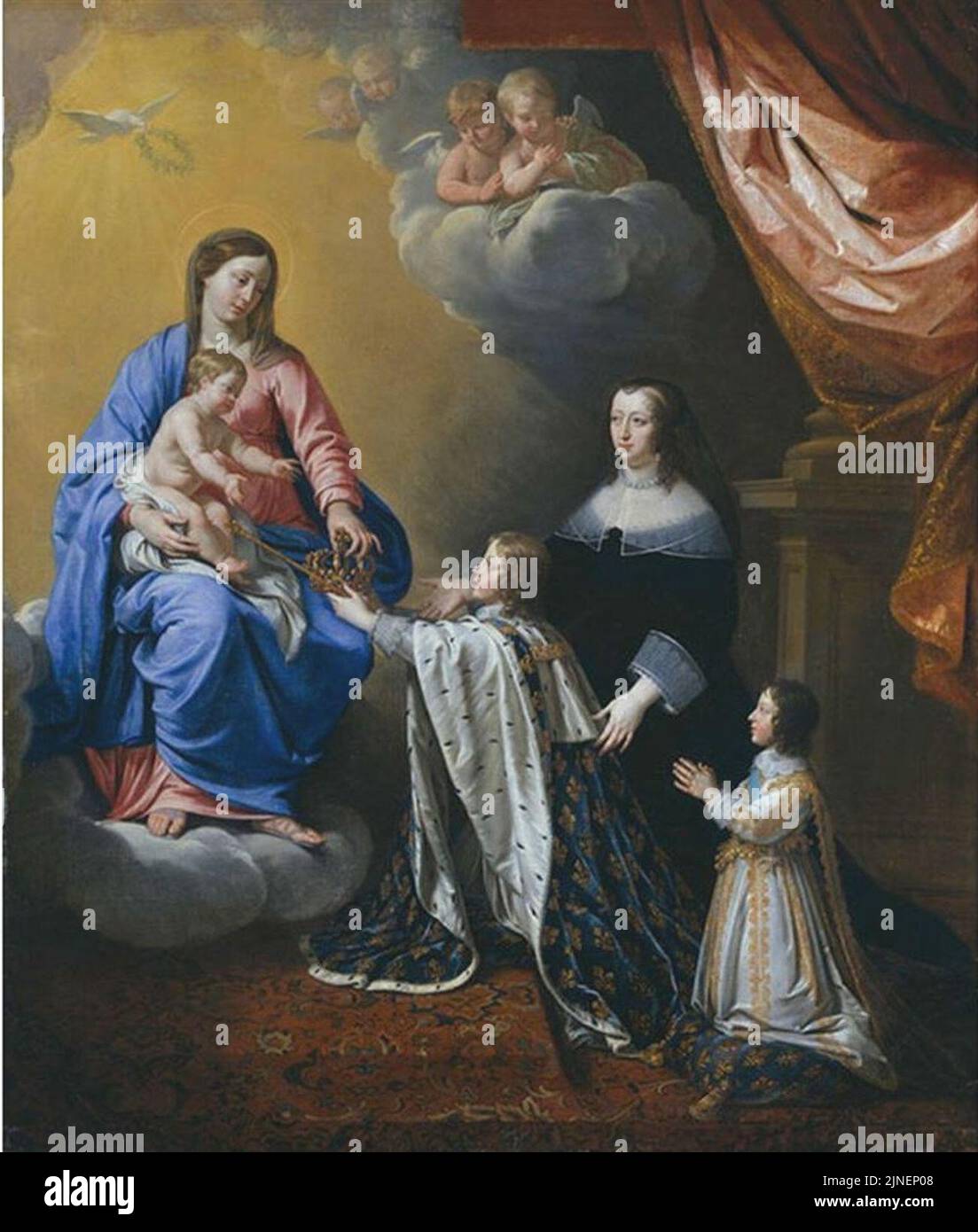 The crown of France being offered to the young Louis (future King Louis XIV) by the Virgin Mary ...