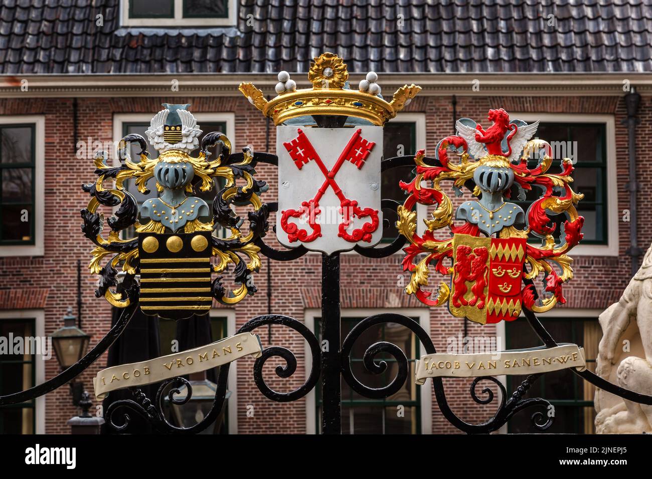 Leiden, Netherlands - April 7, 2016: Coat of arms with red keys at the ...