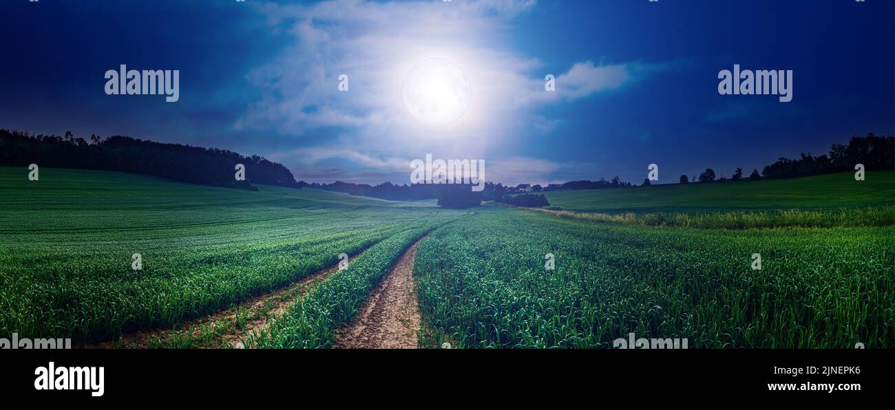 green field and night sky with bright full moon Stock Photo - Alamy