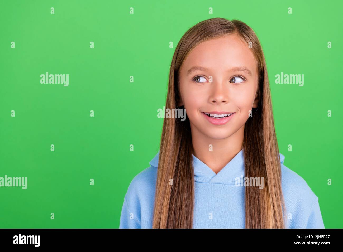 Close up photo of lovely pretty small girl wondered look empty space ...