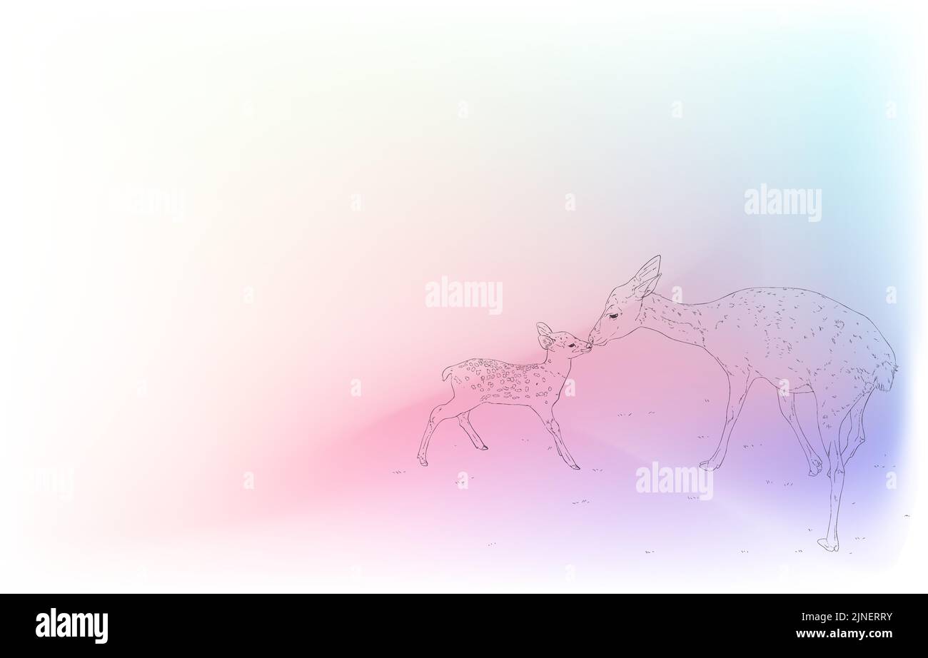 Realistic animal illustration: Iridescent background: Deer parent and ...