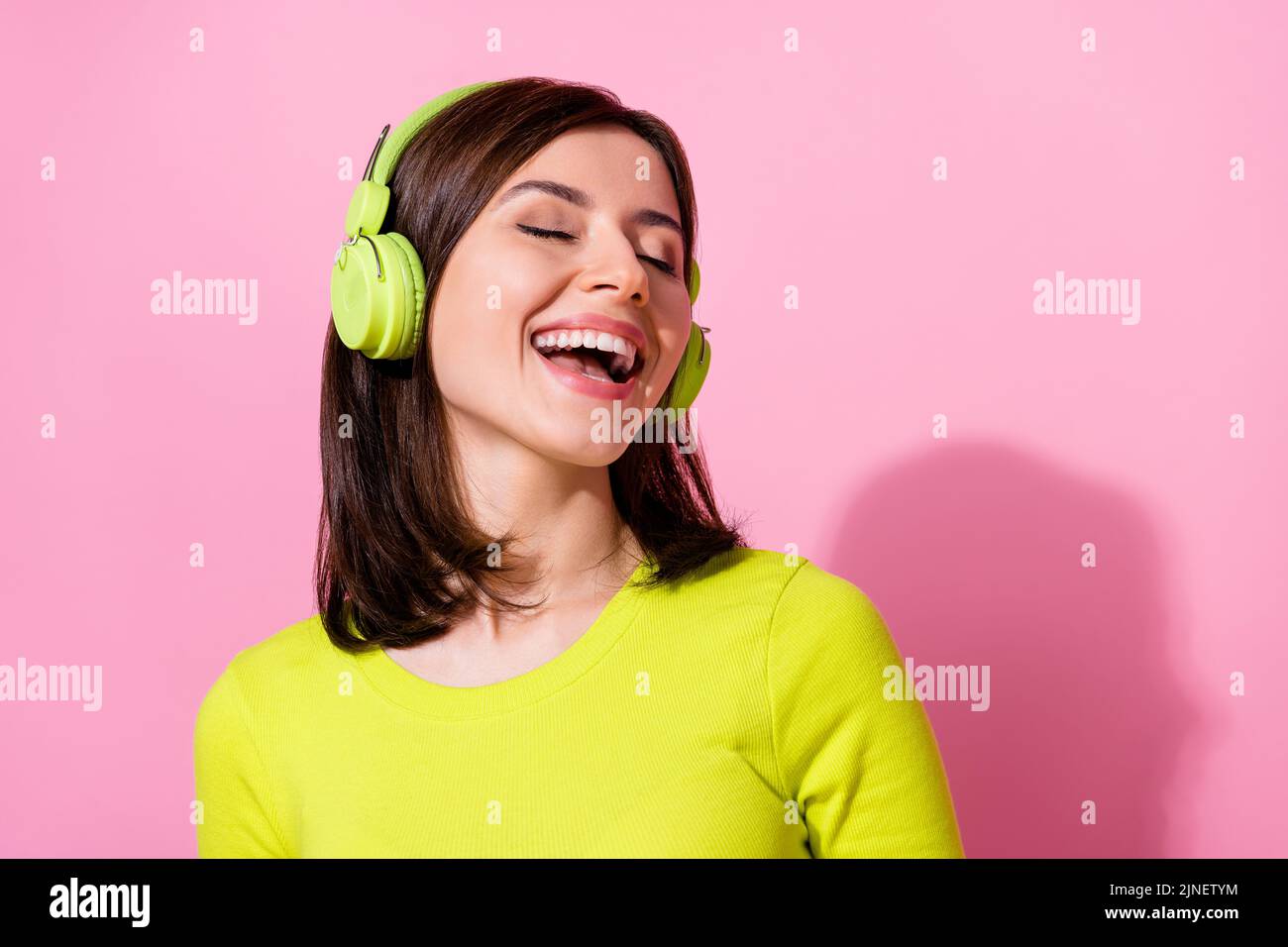 Close up photo of adorable positive person lady wear yellow clothes ...