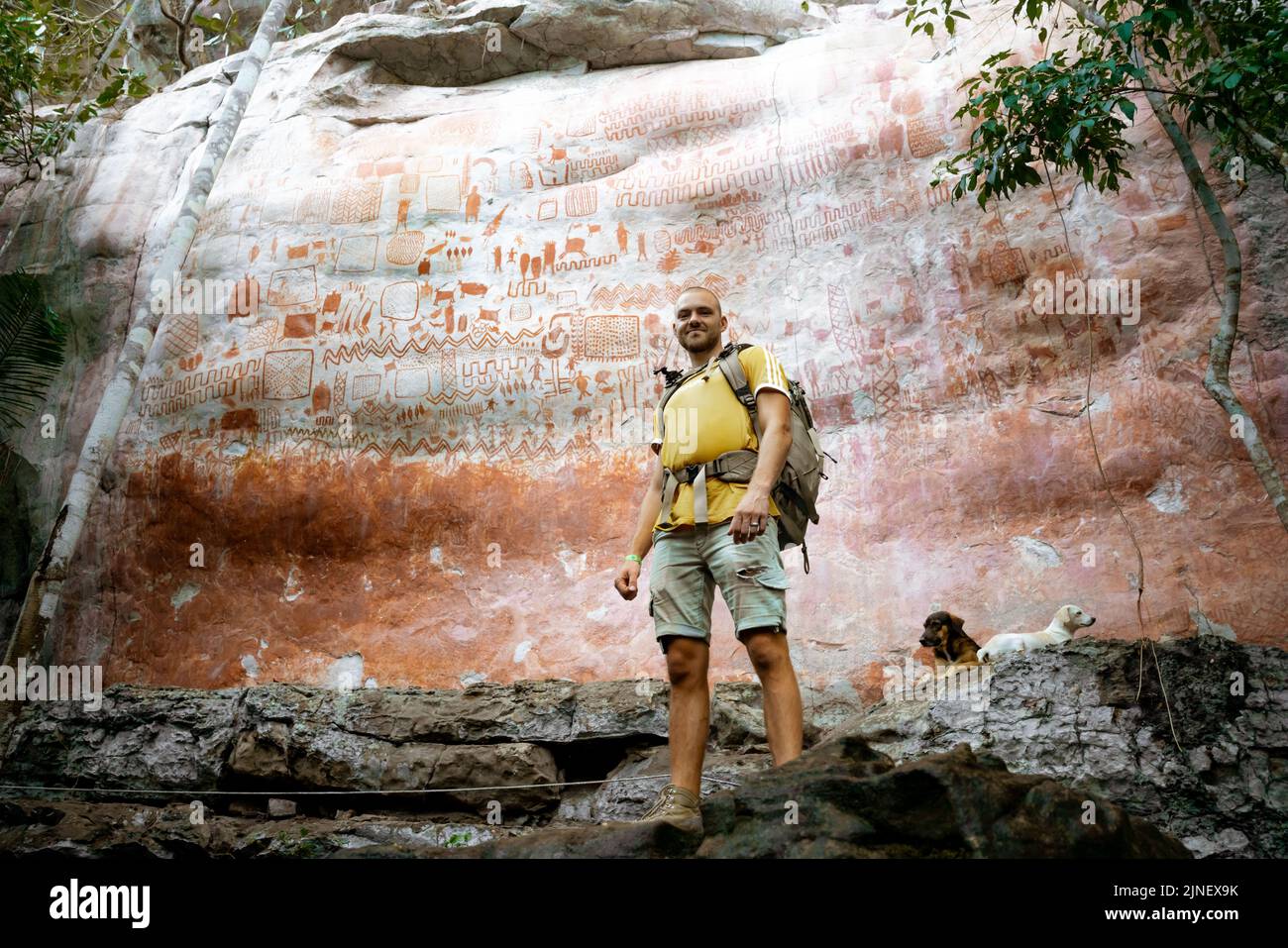 A traveler exploring rock with prehistoric depictions in the Amazon ... A traveler exploring rock with prehistoric depictions in the Amazon ...