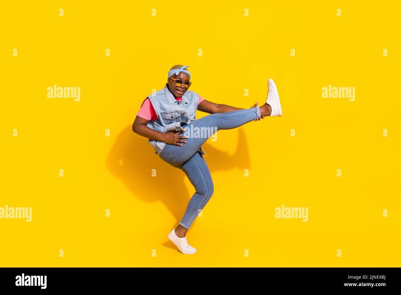 Full body portrait of overjoyed satisfied lady have fun imagine guitar ...