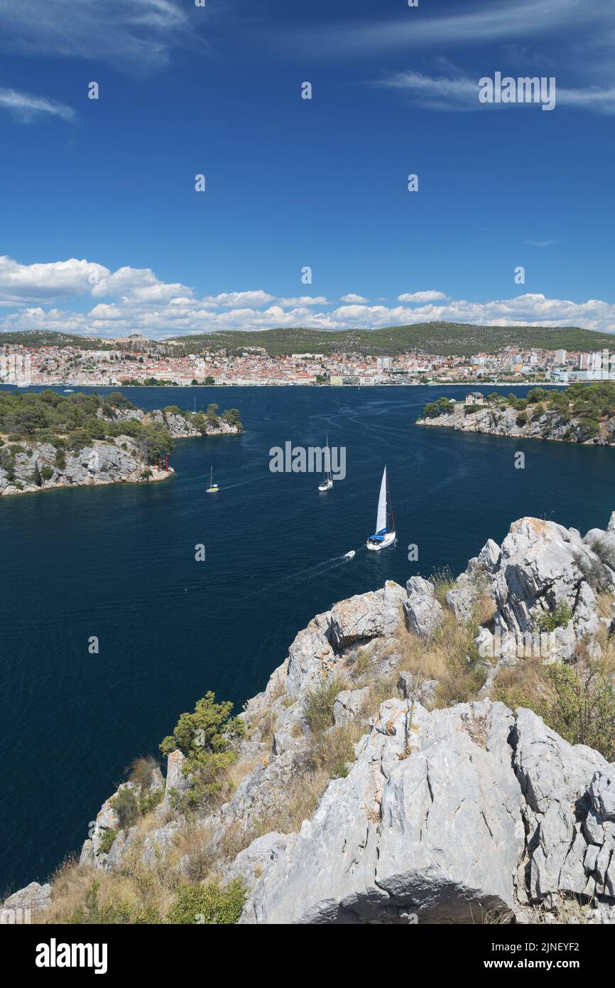 Sailboats in St. Anthony Channel and the town of Sibenik in central ...