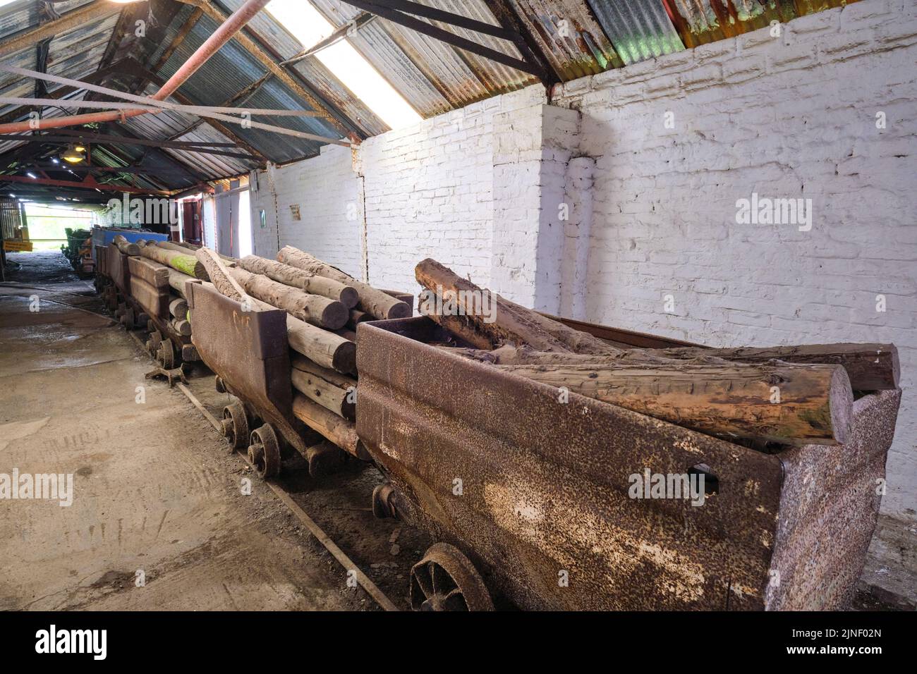 Small, rusty, old rail, train cars loaded with logs, ready to head to ...