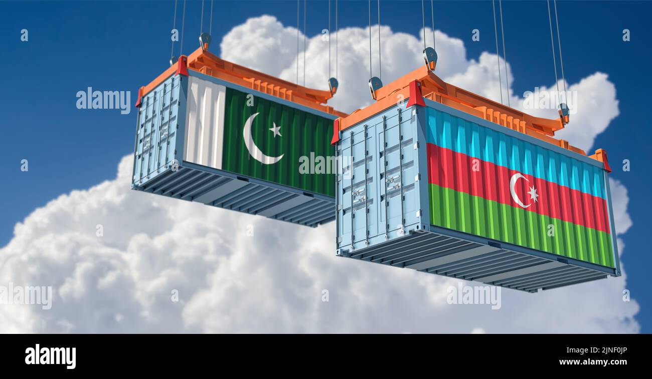 Cargo containers with Pakistan and Azerbaijan national flags. 3D ...