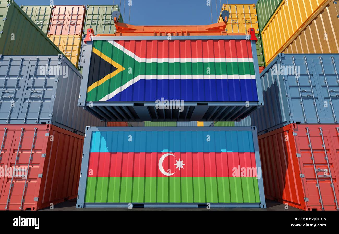 Cargo containers with South Africa and Azerbaijan national flags. 3D ...