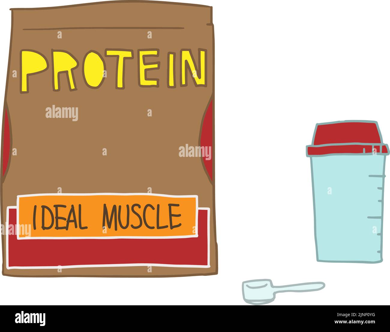 Illustration of strength training items, powder type protein and shaker ...