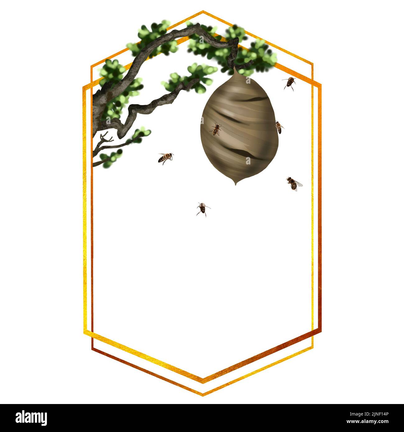 Watercolor frame. Beehive on a tree with bees. Realistic illustration ...
