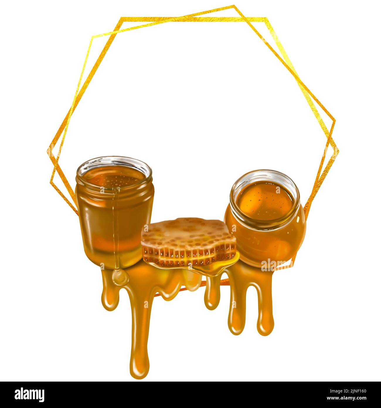 Watercolor frame. Honeycomb, honey bees, flowers, honey and beehive ...