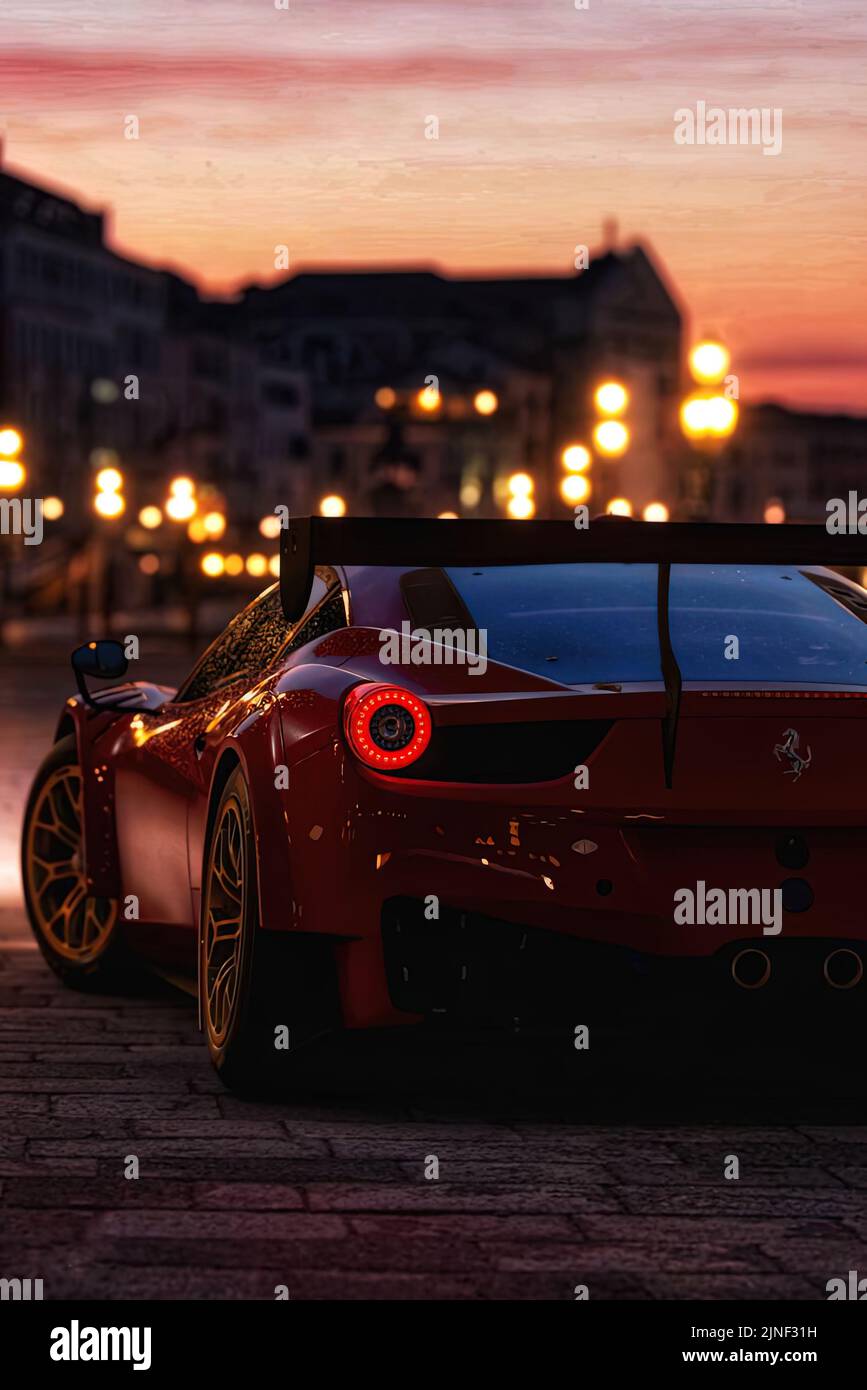 Showcase of a Ferrari at Palazzo Ducale, Italy during sunset Stock ...